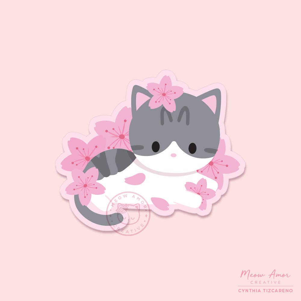 Cherry Blossom Gray Cat Vinyl Sticker – Starr Plans